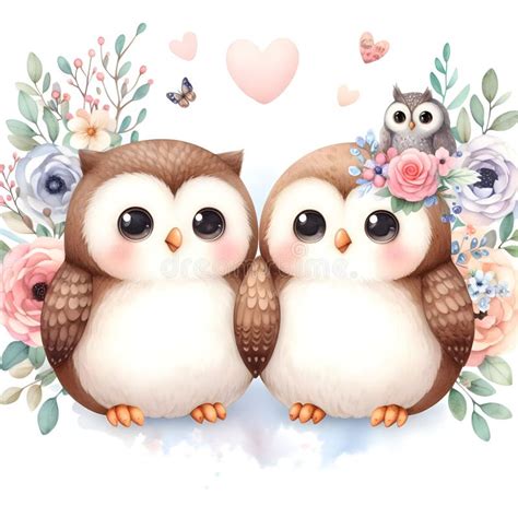 Adorable Cute Owl Couple Stock Illustration Illustration Of Flower 306728670