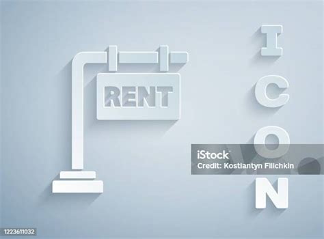 회색 배경에 격리 된 텍스트 임대 아이콘으로 종이 잘라 행잉 기호 임대 텍스트가 있는 간판입니다 종이 아트 스타일입니다 벡터 일러스트레이션 3차원 형태에 대한 스톡 벡터