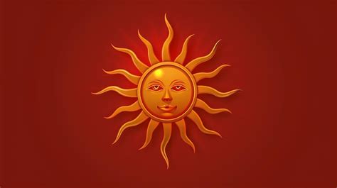 A Stylized Golden Sun With A Human Face Set Against A Red Background