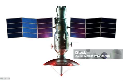 접시 안테나와 태양 전지 패널 우주 위성 흰색 배경에 격리 통신 고속 인터넷 소리 우주 탐사 3d 렌더링 3d 일러스트레이션 복사 공간 3차원 형태에 대한 스톡 사진 및