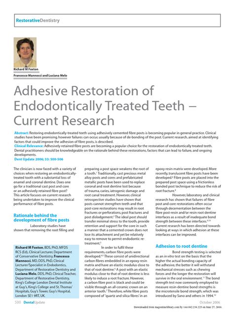 Adhesive Restoration Of Endodontically Treated Teeth Pdf Dental