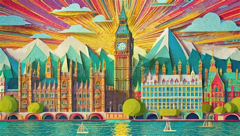 London City Colourful Illustration Paper Cutout Style Stock
