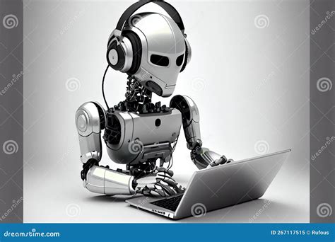 3d rendering humanoid robot working with headset and notebook stock