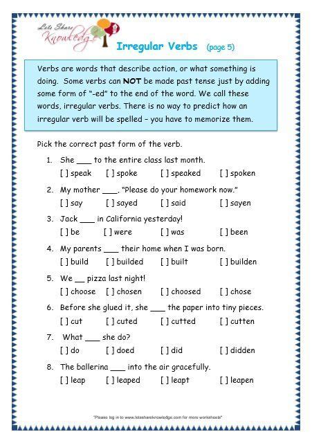 Irregular Verbs Worksheets For Grade 5 Verb Worksheets