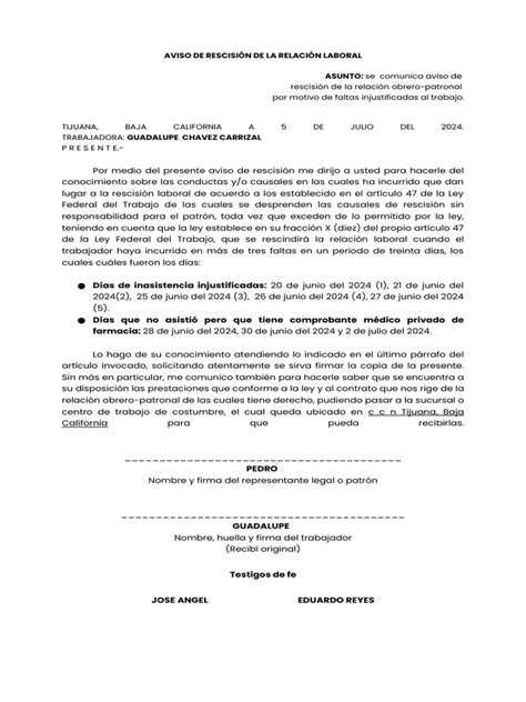 Aviso De Rescisión Laboral Pdf Justicia Crimen Y Violencia