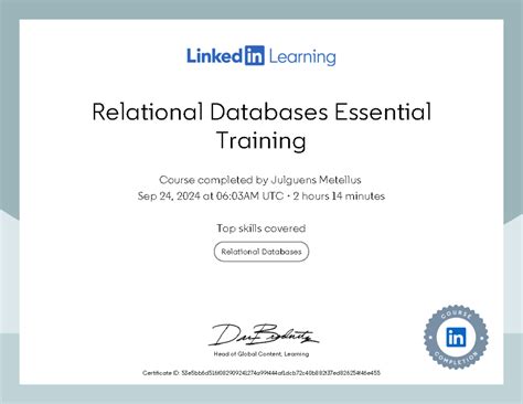 Certificate Of Completion Relational Databases Essential Training