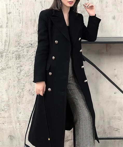 Womens Black Wool Double Breasted Coat