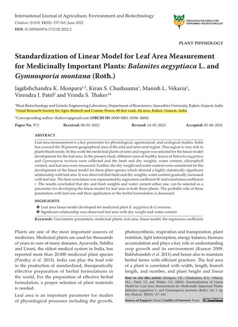 PDF Standardization Of Linear Model For Leaf Area Measurement For Medicinally Important Plants