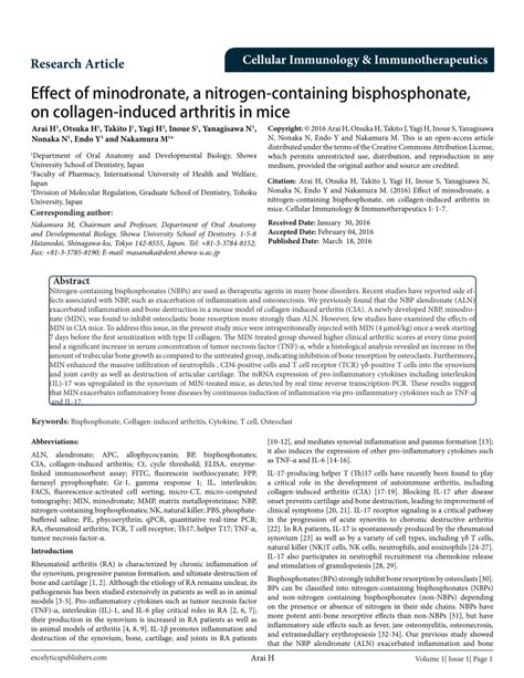 Pdf Effect Of Minodronate A Nitrogen Containing Bisphosphonate On Collagen Induced Arthritis
