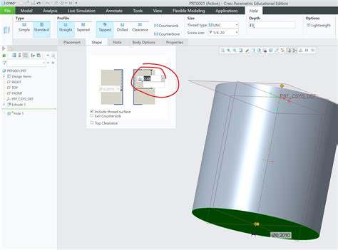 Solved Creo 1000 Standard Tapped Hole Thru Thread D Ptc Community