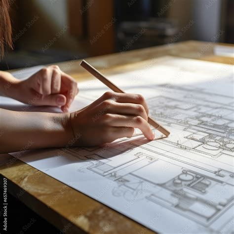 Woman Working On Archicad Autocad Drawings She Sit At The Desk In