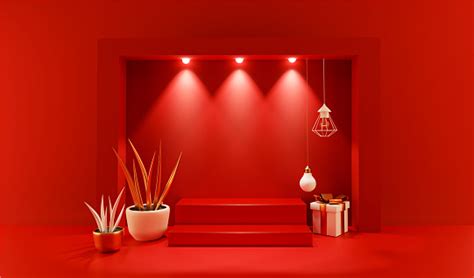 레드 위너 스테이지 서치라이트로 조명되는 직사각형 연단 조명 프로젝터가있는 받침대 광원 투광 조명 제품에 대한 개념 디스플레이 연단 3d 렌더링 이미지 강단에 대한 스톡