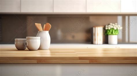 흐릿한 주방 공간에 충분한 복사 공간이 있는 현대적인 밝은 목재 주방 조리대의 3d 렌더링 간이 배경 현대적 배경 식탁