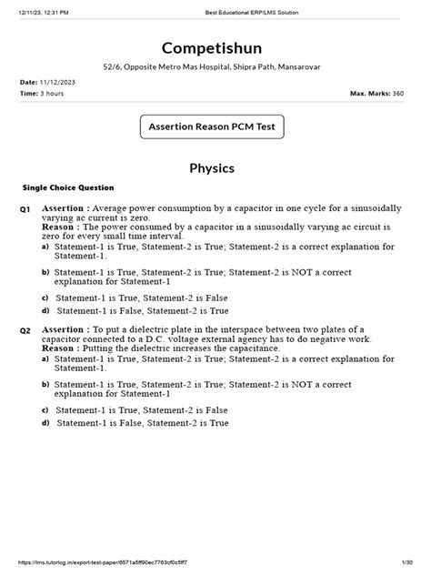Assertion Reason Test Pdf