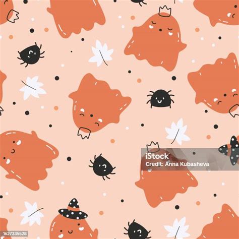 벡터 색상은 배경에 귀여운 유령이 있는 매끄럽게 반복되는 유치한 패턴입니다 0명에 대한 스톡 벡터 아트 및 기타 이미지 0명 10월 가을 Istock