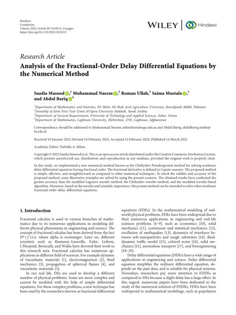 Pdf Analysis Of The Fractional Order Delay Differential Equations By The Numerical Method