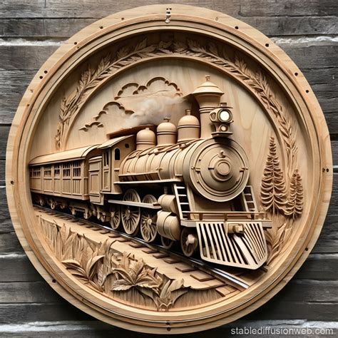 Wood Carving Bas Relief An Train On A Whiskey Barrel In A Circle