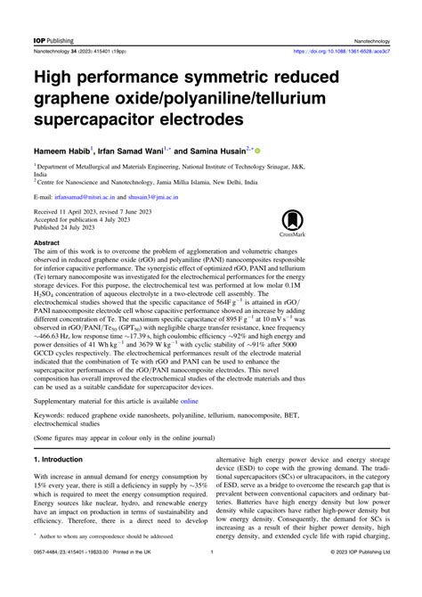 High Performance Symmetric Reduced Graphene Oxide Polyaniline Tellurium Supercapacitor