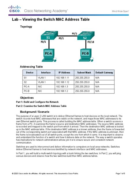 5217 Lab Viewing The Switch Mac Address Table Pdf Network Switch Computer Network