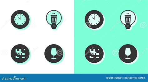 Set Fragile Broken Glass Clock QR Code And Trash Can Icon Vector Stock Vector Illustration