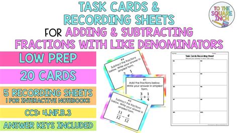Adding And Subtracting Fractions With Like Denominators Task Cards To The Square Inch