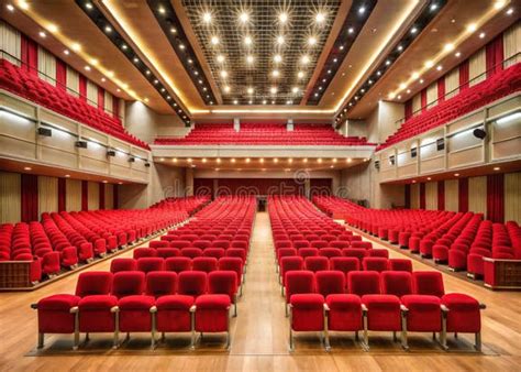 Modern Architectural Assembly Hall Awaits Empty Red Seating Interior