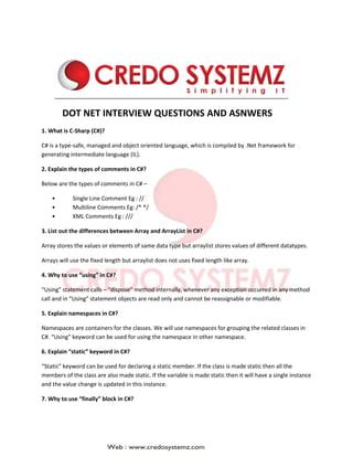 Dot Net Interview Questions And Asnwers PDF