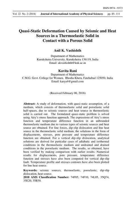 Pdf Quasi Static Deformation Caused By Seismic And Heat Sources In A Thermoelastic Solid In