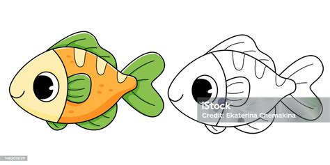 아이들을 위한 색칠 예제가 있는 물고기 색칠하기 책입니다 물고기와 색칠 페이지 흑백 및 컬러 버전 벡터 어린이 그림입니다 0명에 대한 스톡 벡터 아트 및 기타 이미지