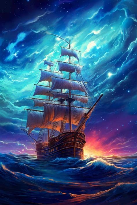 Colorful Illustration Of Old Ancient Wooden Sail Ship Pirate Sailboat