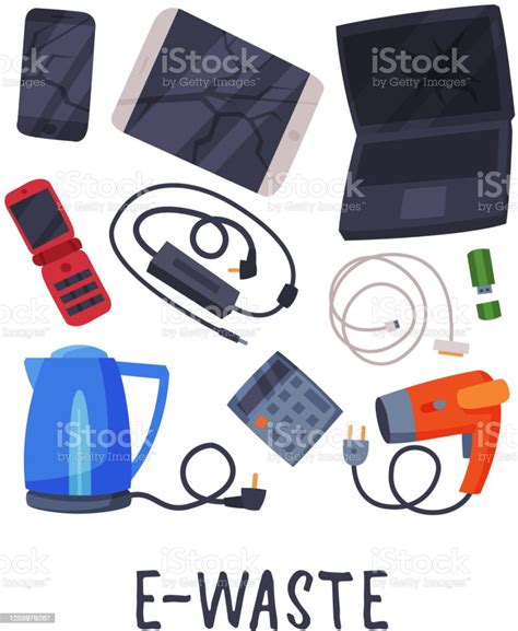 백색 배경에 있는 쓰레기 벡터 일러스트레이션의 전자 폐기물 분류 분리 및 분리 전자폐기물에 대한 스톡 벡터 아트 및 기타 이미지