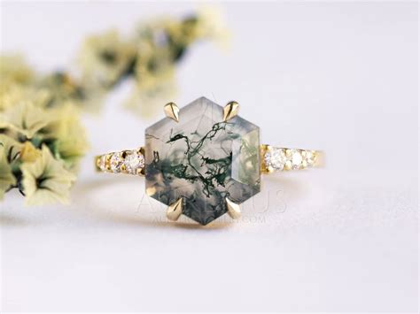 Large Hexagon Moss Agate Engagement Ring Aurelius Jewelry