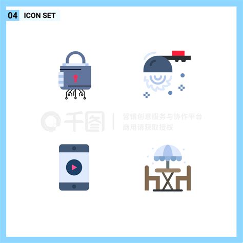 可编辑免抠元素 网站移动和应用程序安全，移动，保护，圆形，视频的4平面图标概念可编辑矢量设计元素 模板免费下载 Eps格式 1500像素 编号39593425 千图网