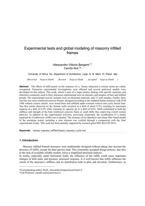 Pdf Experimental Tests And Global Modeling Of Masonry Infilled Frames