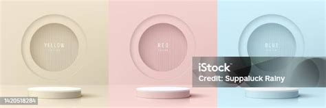 베이지색 파란색 분홍색의 사실적인 실린더 연단이있는 추상적 인 3d 배경 세트 원 장면의 수직 패턴입니다 벡터 렌더링 기하학적