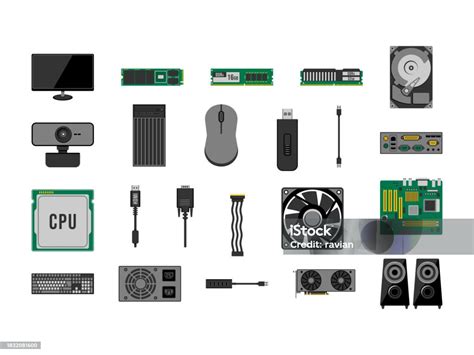 개인용 컴퓨터 Pc 구성 요소 벡터 일러스트 컬렉션 컴퓨터 부품 마더보드 Cpu Gpu Ssd 및 메모리 모듈 전원 공급 장치