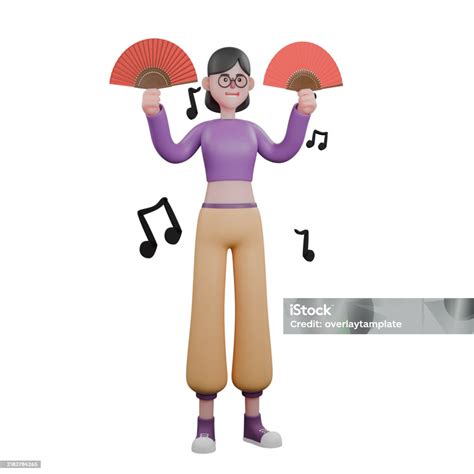 3d 만화 댄스 캐릭터 한 여성 무용수가 양손으로 부채를 들고 음표에 둘러싸여 서 있다 재미와 표현력 댄서에 대한 스톡 사진 및 기타 이미지 Istock
