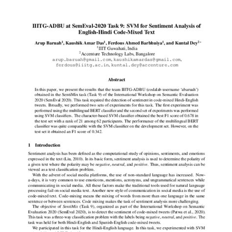 Iiitg Adbu At Semeval 2020 Task 9 Svm For Sentiment Analysis Of English Hindi Code Mixed Text
