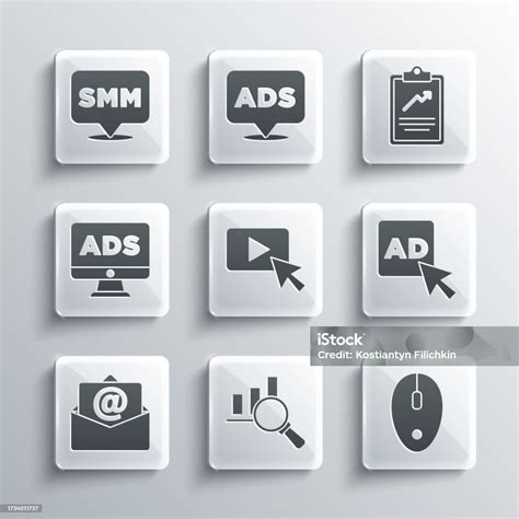 돋보기 및 분석 컴퓨터 마우스 광고 메일 이메일 소셜 미디어 마케팅 및 그래프 차트 아이콘이있는 클립 보드를 설정합니다 벡터 Brand Name Online