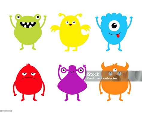 즐거운 할로윈 보내세요 몬스터 세트 귀여운 가와이 만화 캐릭터 아이콘 재미있는 아기 컬렉션 눈 뿔 손을 들고 혀 컬러풀한 실루엣 흰색 배경입니다 격리 플랫 디자인 0명에