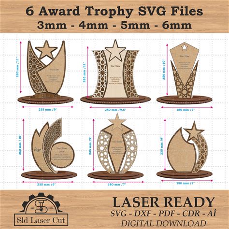 6 Verschiedene Designs Award Trophy Laser Cut Files Pack Award Trophy