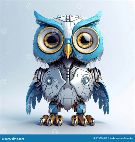 Charming Owl Robot Robotic Bird Isolated Over Blue Background Created