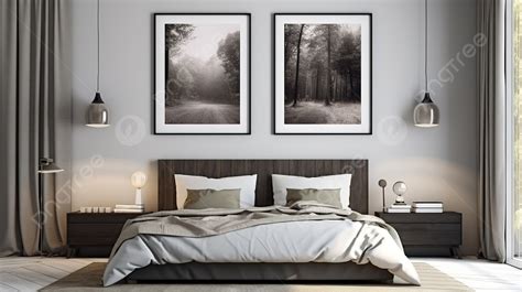 장식되지 않은 포스터 프레임 3d 렌더가 있는 세련된 침실 장식 포스터 프레임 프레임 모형 벽 패널 배경 일러스트 및 사진