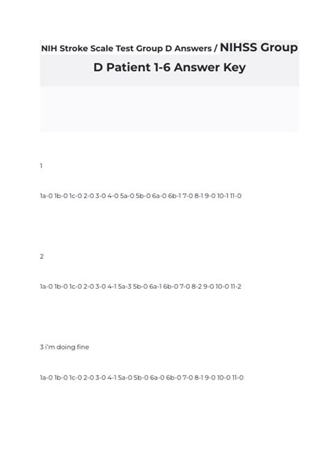 Nih Stroke Scale Test Group D Answers Nihss Group D Patient 1 6 Answer Key Nih Stroke Scale