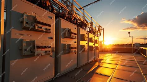 Sunset Over Substation Illuminated Switchgear And Transmission Towers In Golden Hour Glow