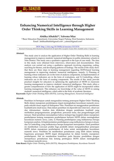 Pdf Enhancing Numerical Intelligence Through Higher Order Thinking