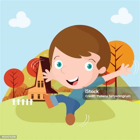 귀여운 소년 행복 보이는 쾌활 한 서 고가 집의 마당 앞에서 포즈 만화 캐릭터 가을에 대한 스톡 벡터 아트 및 기타 이미지 가을 경관 귀여운 Istock