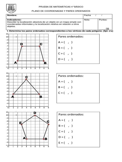 Prueba de Matemáticas plano de coordenadas y pares ordenados