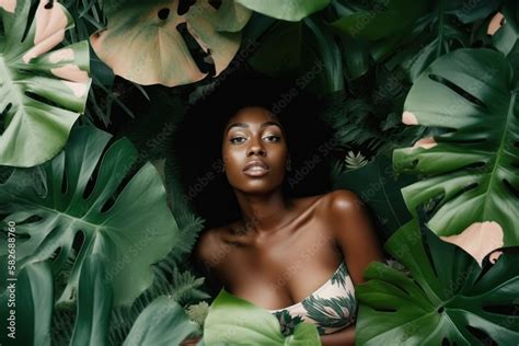 Beautiful Black Woman Without Makeup In Tropical Leaves Beauty