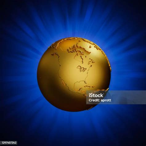 앞에 북미를 보여주는 질감 황금 지구 지구 방사형 광선이 있는 파란색 그라데이션 배경 3d 렌더 0명에 대한 스톡 사진 및 기타 이미지 Istock